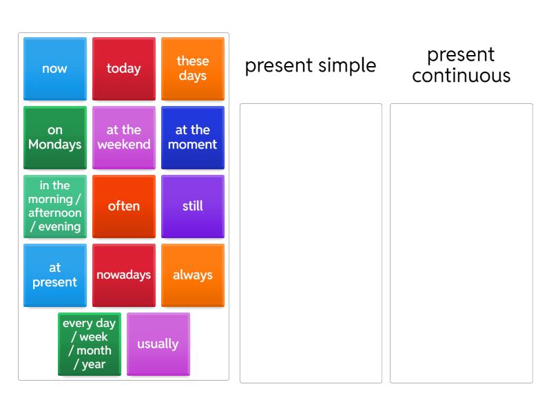 present simple, present continuous time markers - Group sort