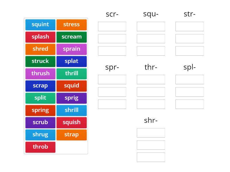 Initial 3 Letter Blends (scr, str, spr, spl, squ, shr, thr) - Group sort