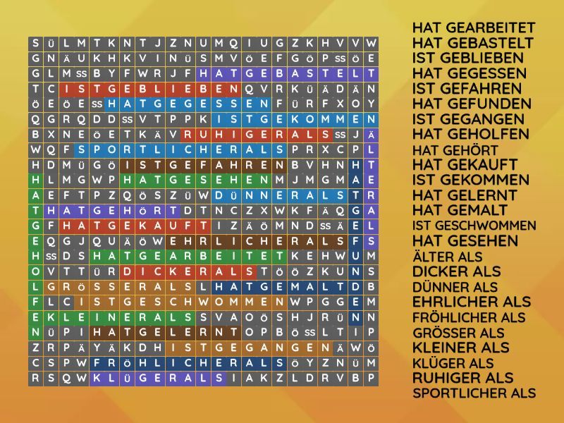 Vokabelturnier Verben und Adjektive - Wörtersuche