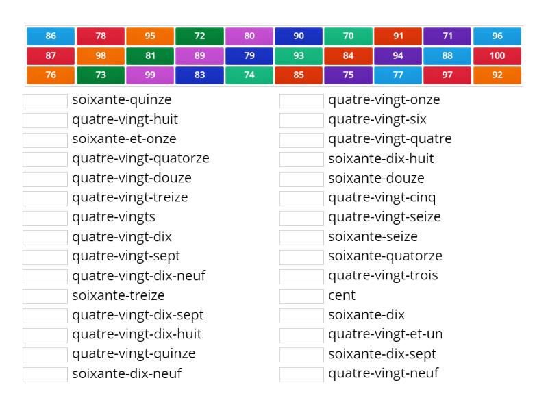 Grade 6 French Numbers 70-100 - Match up