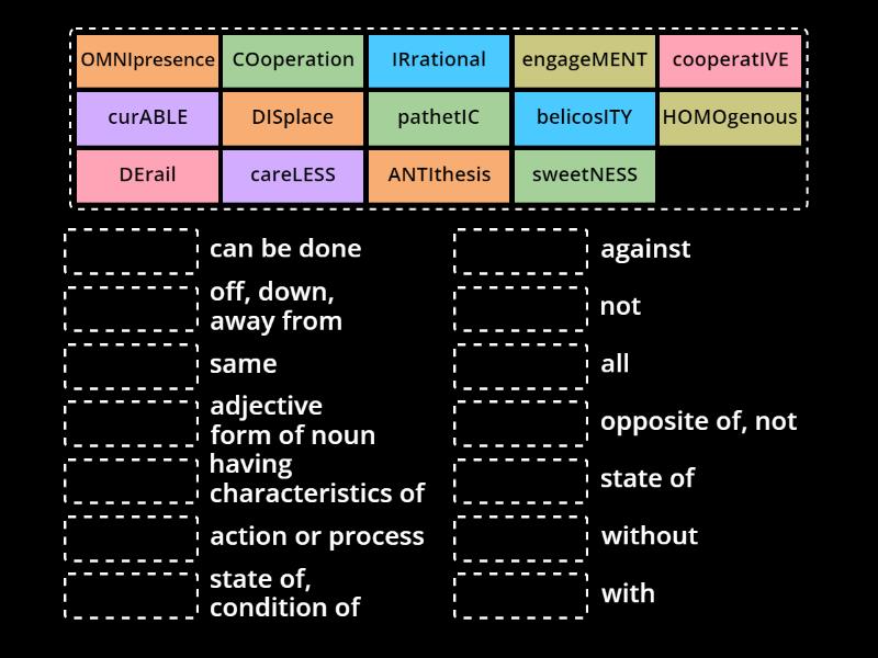 Suffixes and Prefixes's meanings - Match up
