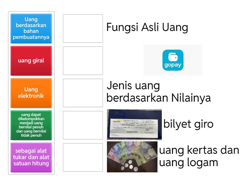 latihan, materi jenis jenis uang, fungsi uang dan nilai uang - Match up