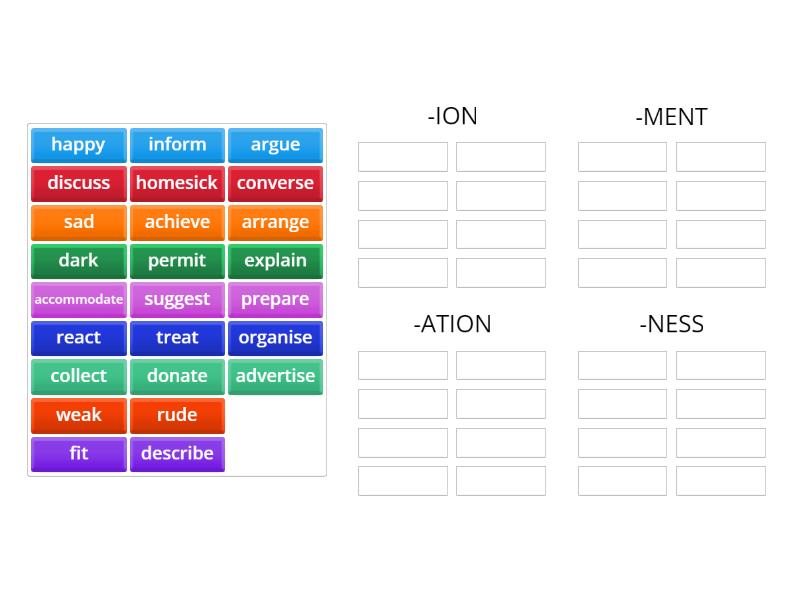 Word formation (Noun suffixes - ness, -ment, -ion, -ation) - Group sort
