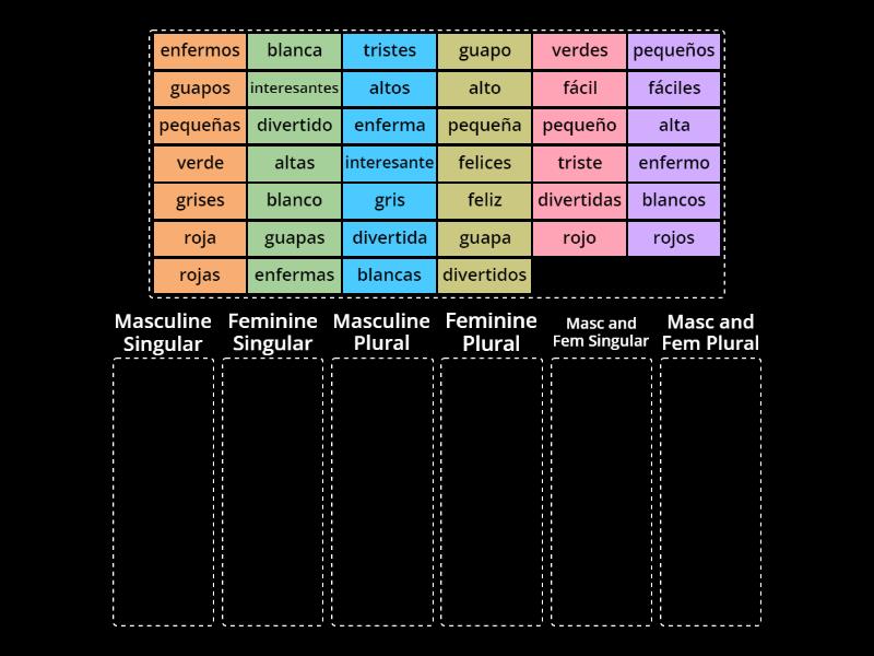Spanish Adjectives - Gender and Number Practice - Group sort