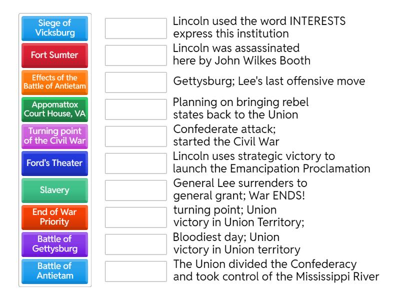 Civil war key events and battles - Match up