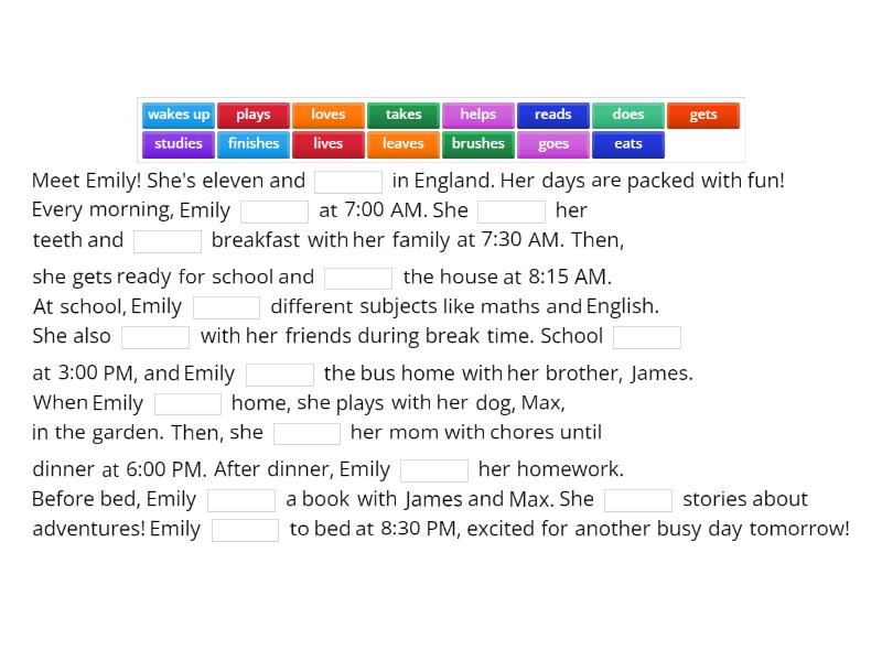 Present Simple Emily's day - Complete the sentence