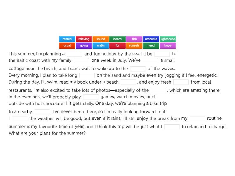 My Summer Holiday Plans - Complete the sentence