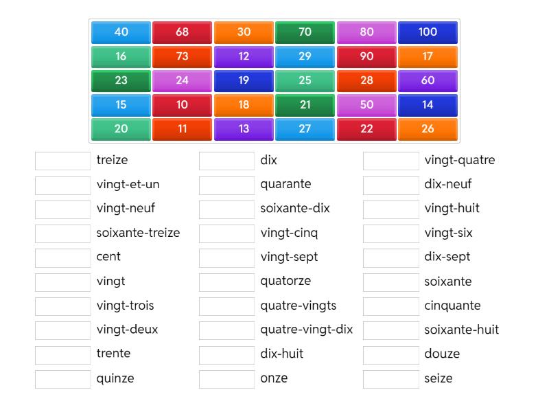 French Numbers 0-100 - Match up