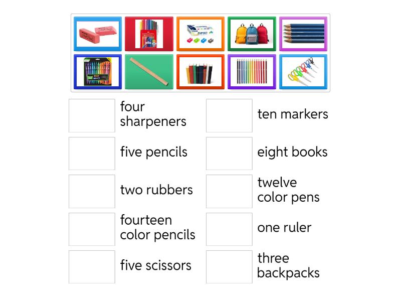 school supplies + numbers - Match up