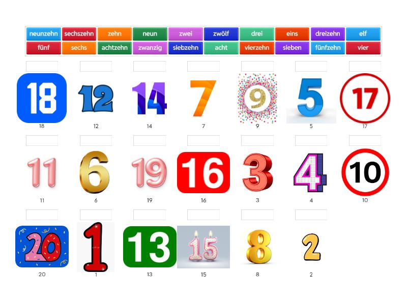 German - Numbers 1-20 - Match up