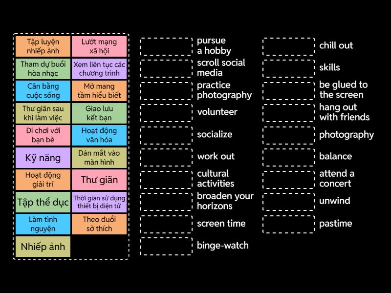 Ghép cụm từ tiếng Anh và tiếng Việt GS8 U1 - Match up