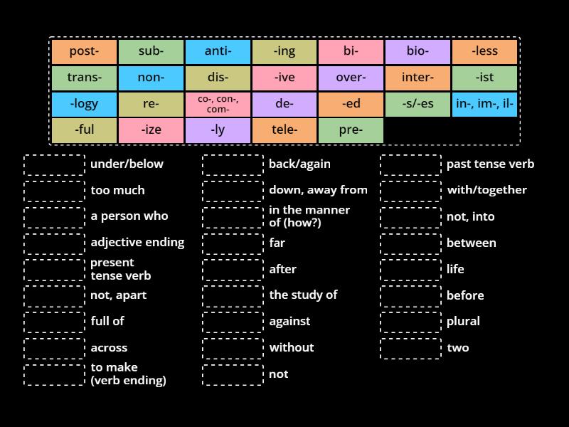 Prefixes and Suffixes - Match up