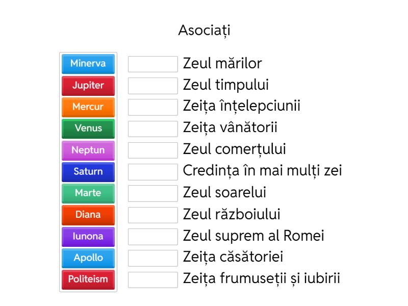 Zeii și templele romanilor - clasa a 5-a - Match up