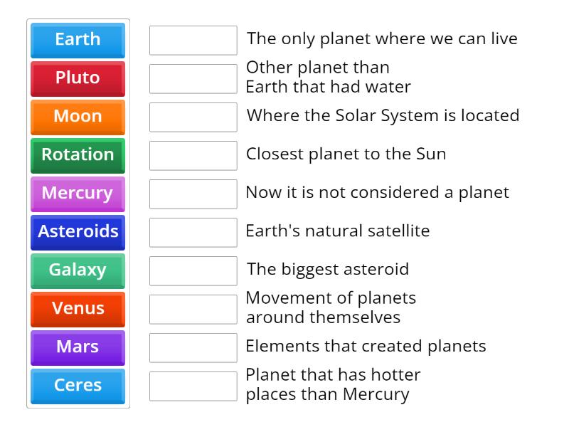 Characteristics of planets and the Solar System - Match up