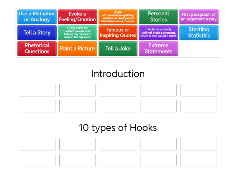 introduction / 10 types of Hooks = 8th grade - Group sort