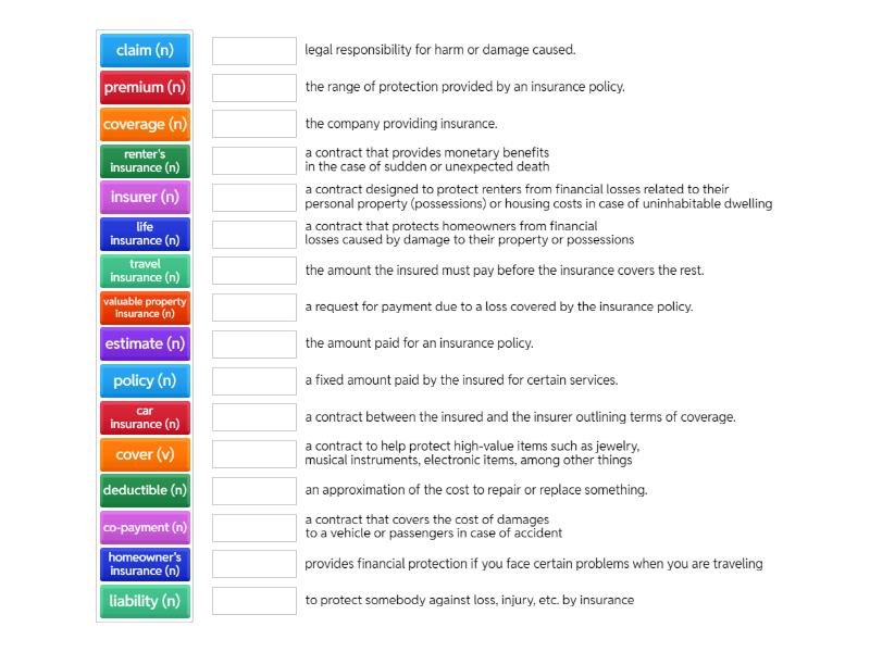 Insurance Vocabulary - Match up